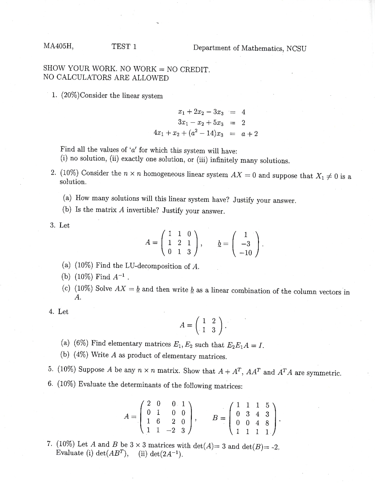 7 Questions Of Homogeneous Linear System Exam 1 Ma 405h Docsity
