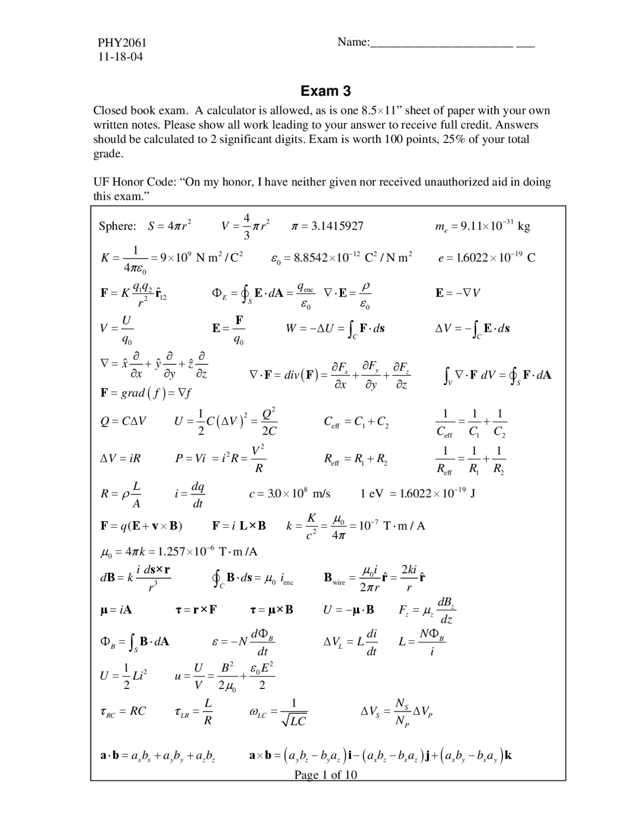 8 Problems Old Exam 3 Enriched Physics With Calculus Ii Phy 2061