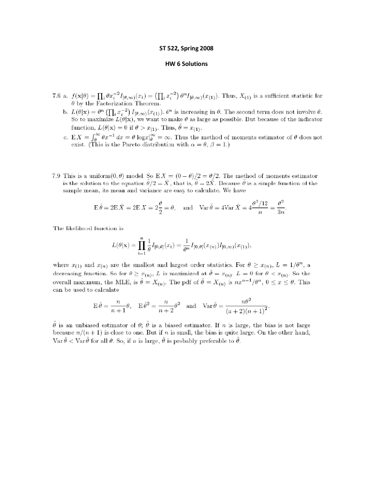 Homework 6 With Solutions For Statistical Theory Ii St 522 Docsity