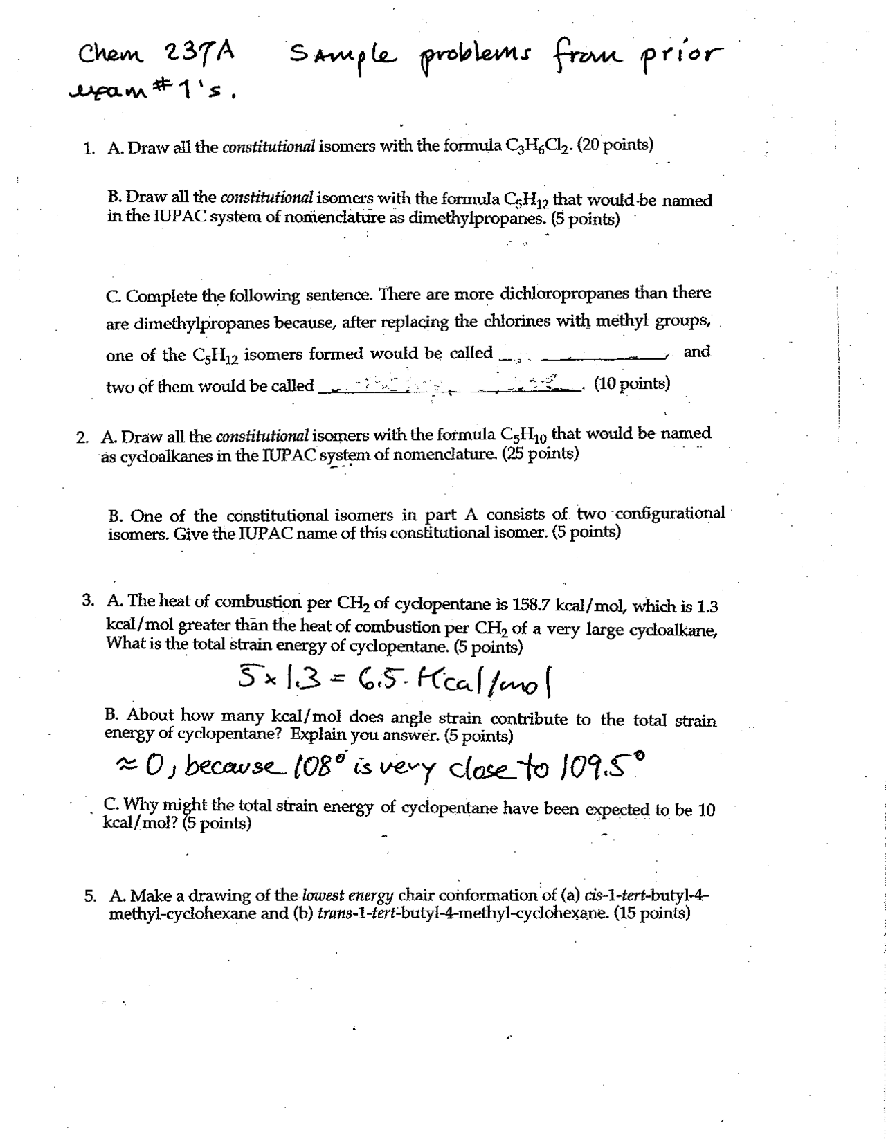 Sample Problems For Exam 1 Organic Chemistry Chem 237 Docsity
