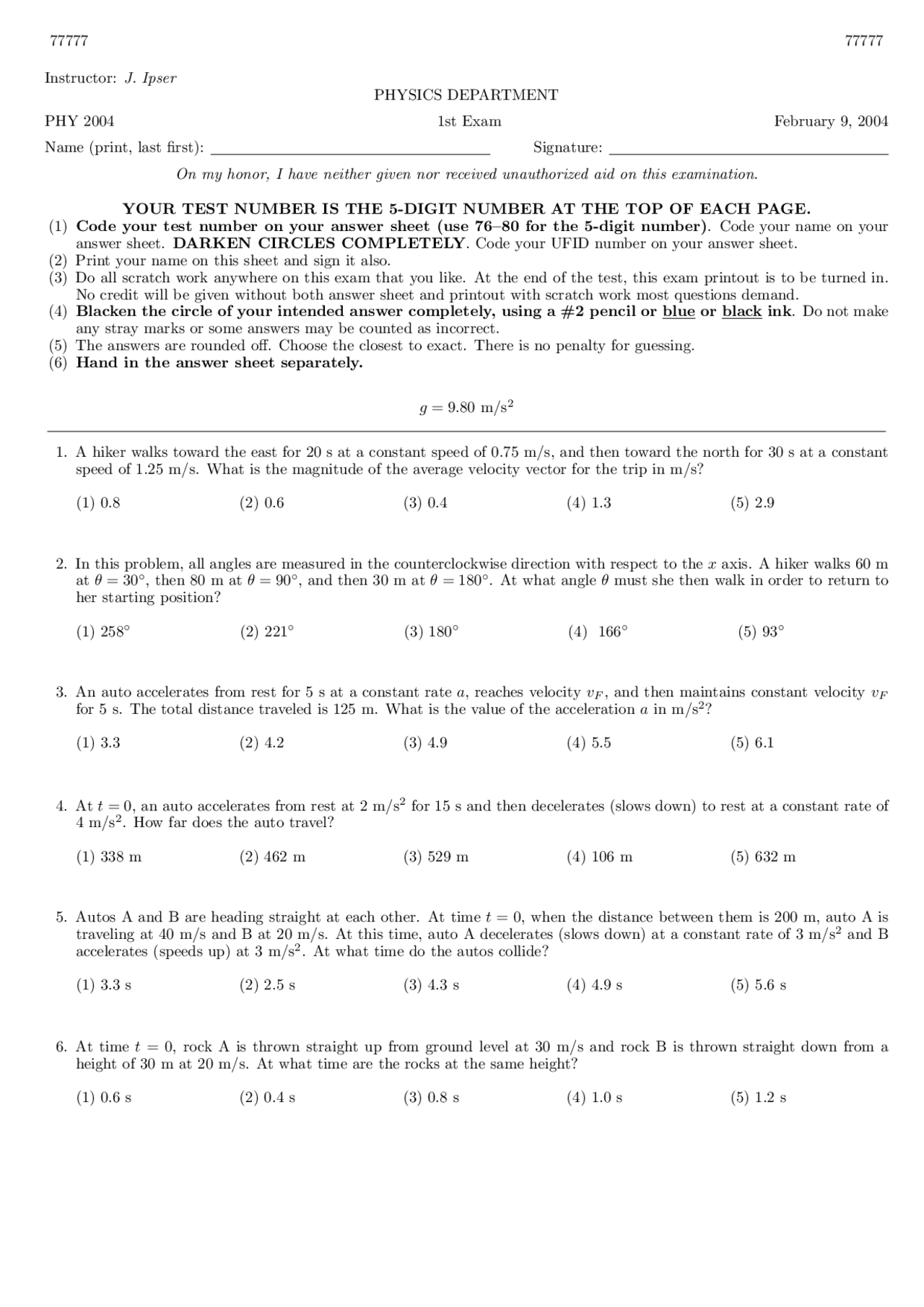 Exam 1 Fall 2004 Applied Physics I Phy 2004 Docsity