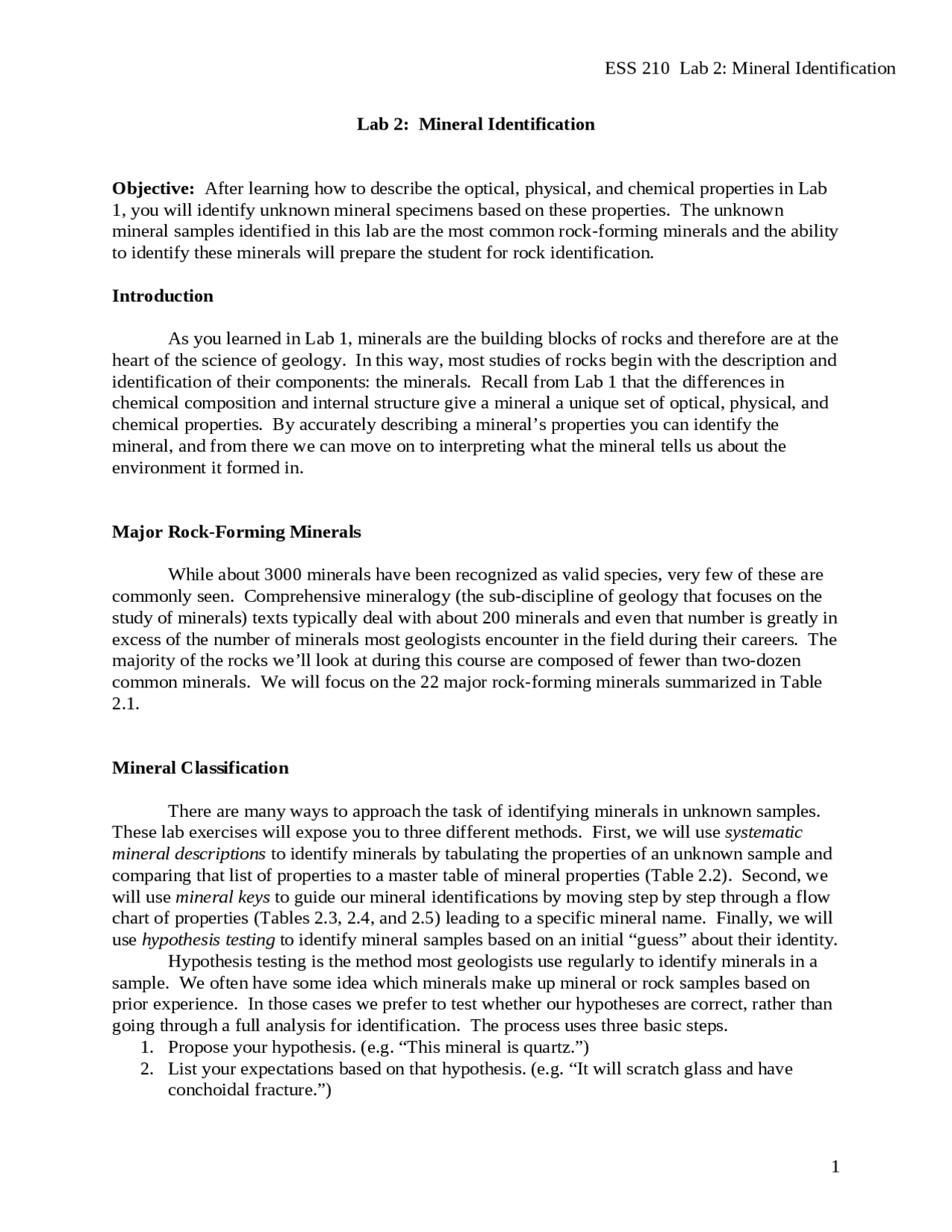 Lab 2 Mineral Identification Physical Geology Ess 210 Docsity