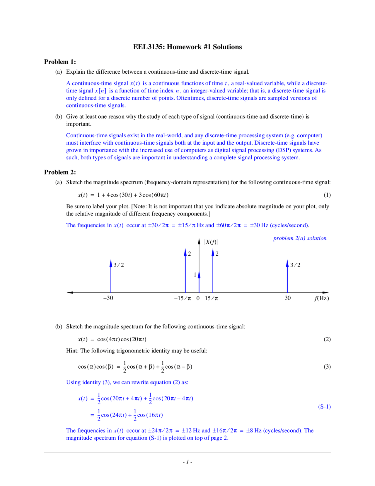 Homework 1 With Solutions For Introduction To Signals And Systems Eel