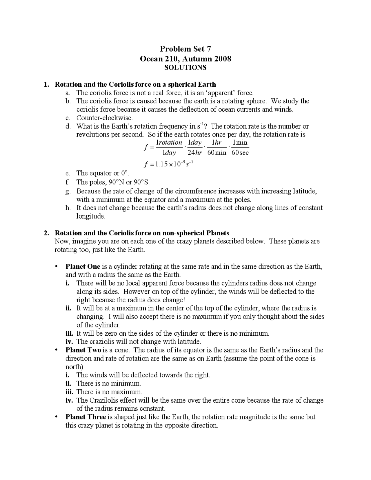 Problem Set 7 With Solution Ocean Circulation Ocean 210 Docsity