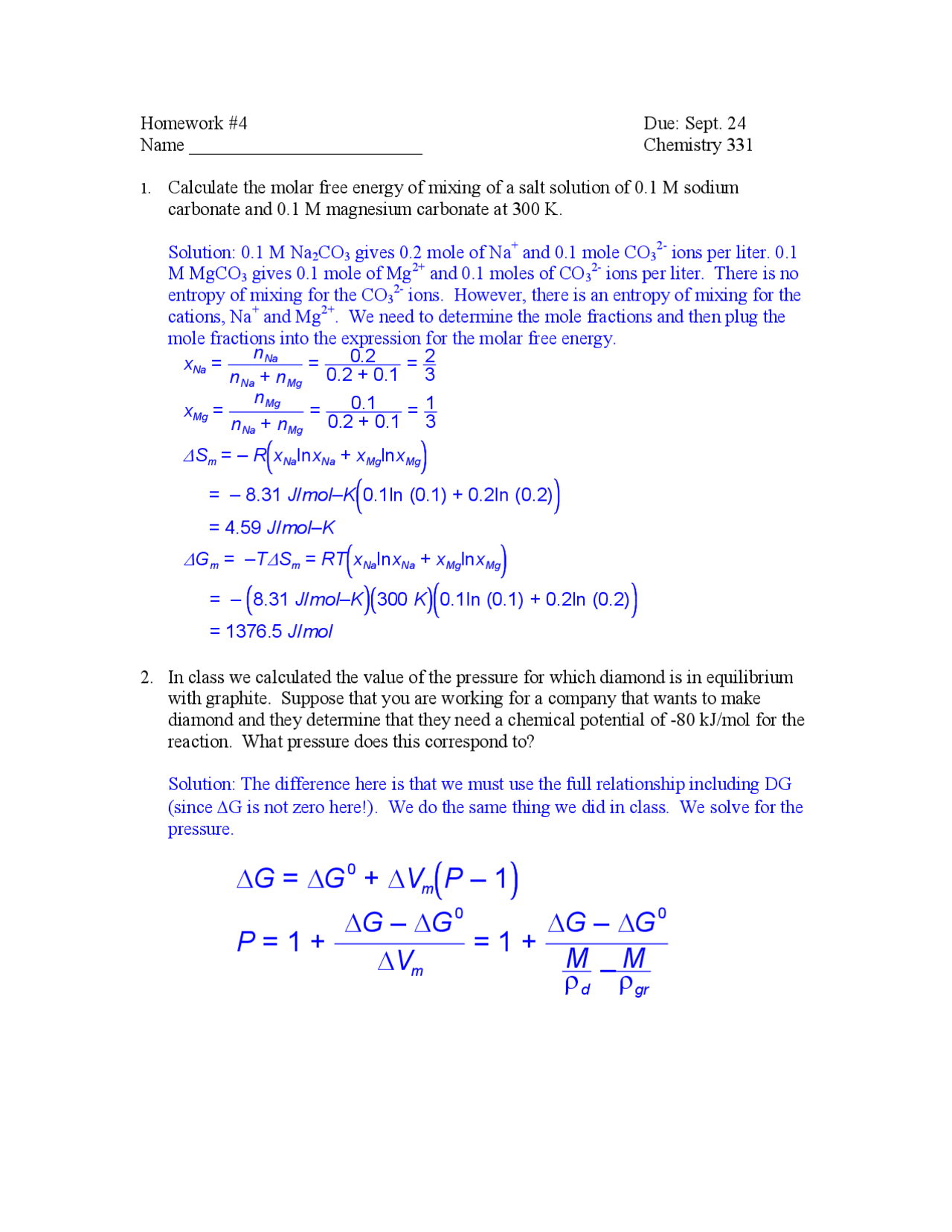 4 Problems On Introductory Physical Chemistry Assignment 4 Ch 331