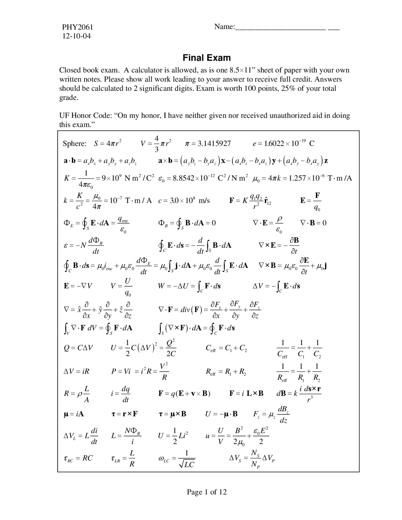 Practice Final Exam Honors Physics 2 Phy 2061 Docsity