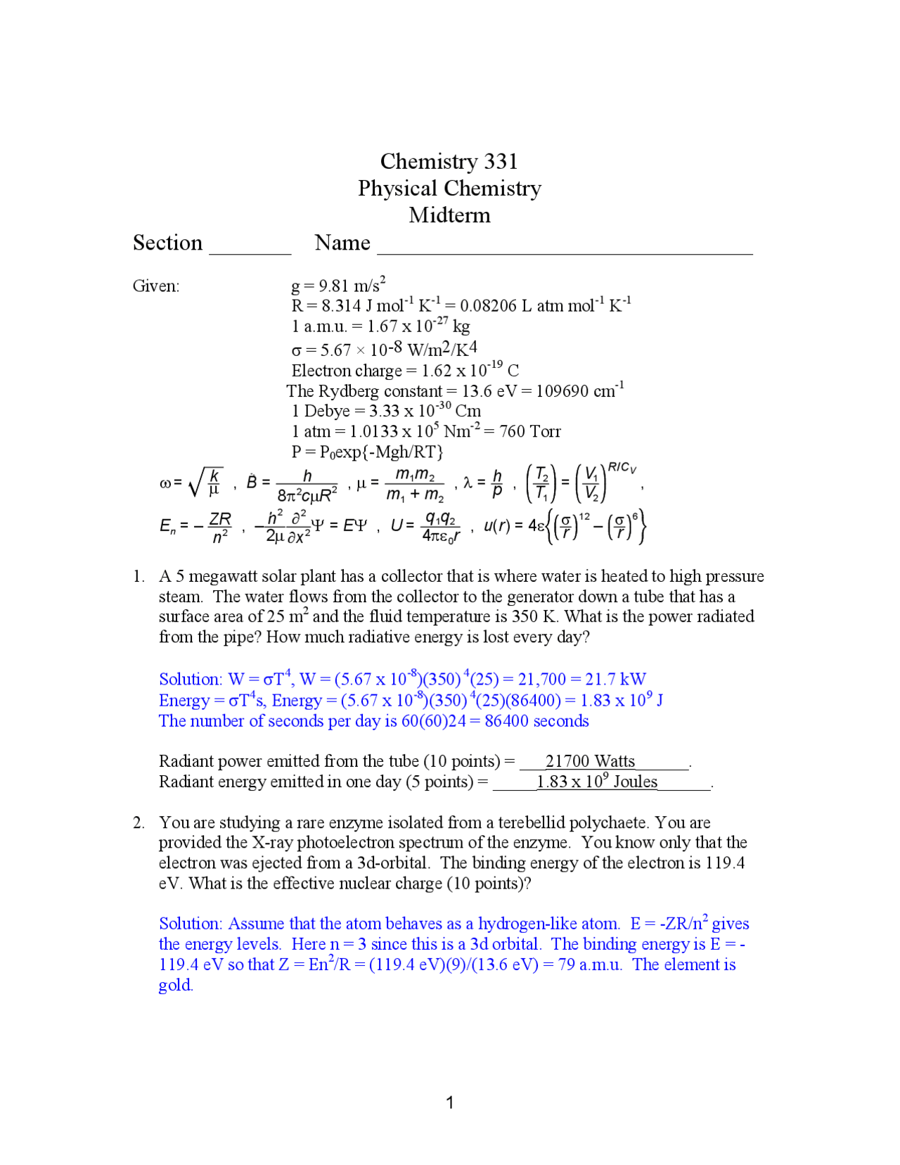 7 Questions With Answers On Physical Chemistry Midterm Examination