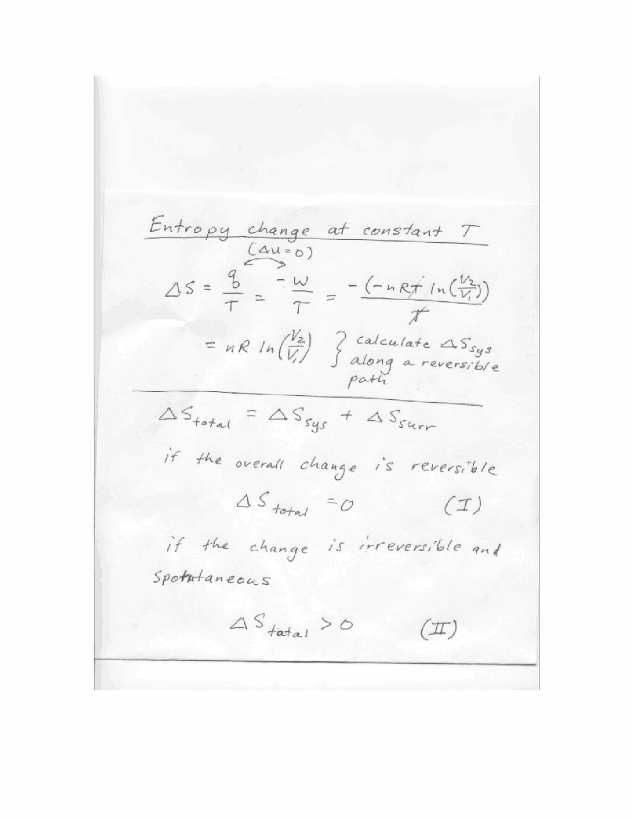 Handwritten Notes on Entropy Change at Constant T | CH 331 - Docsity
