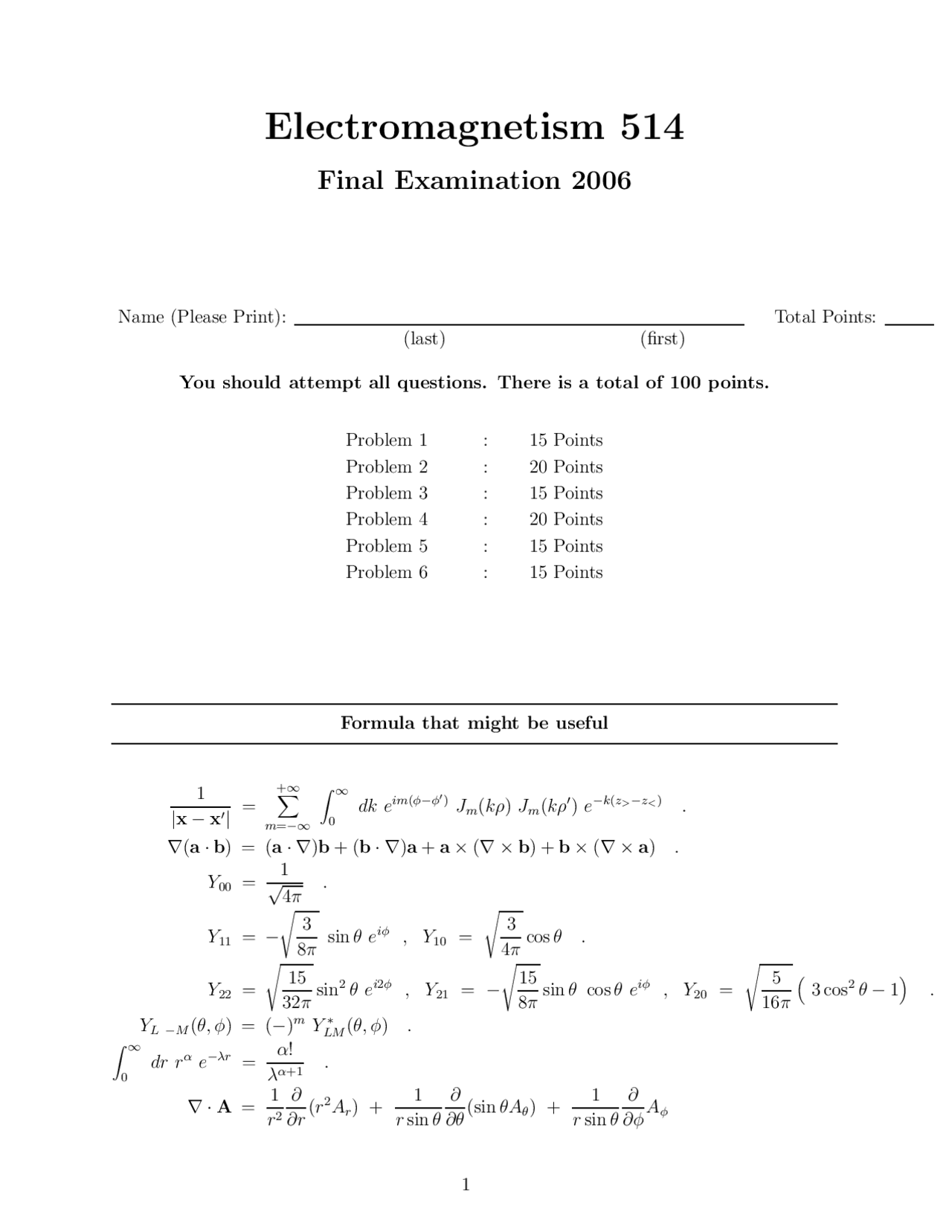 Final Exam Questions Electromagnetism Relativity Fall 2006 Phys
