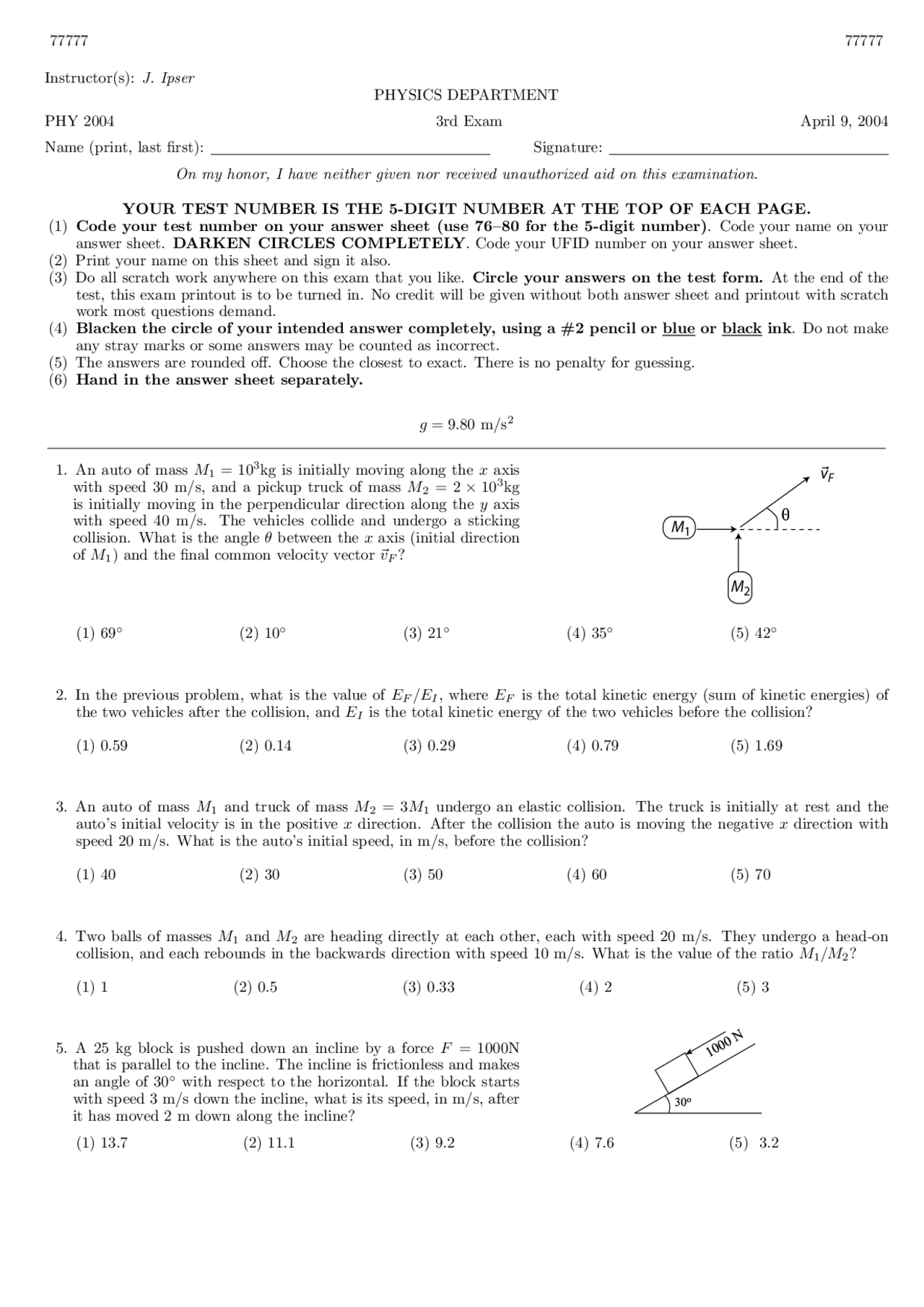 Exam 3 Fall 2004 Applied Physics I Phy 2004 Docsity