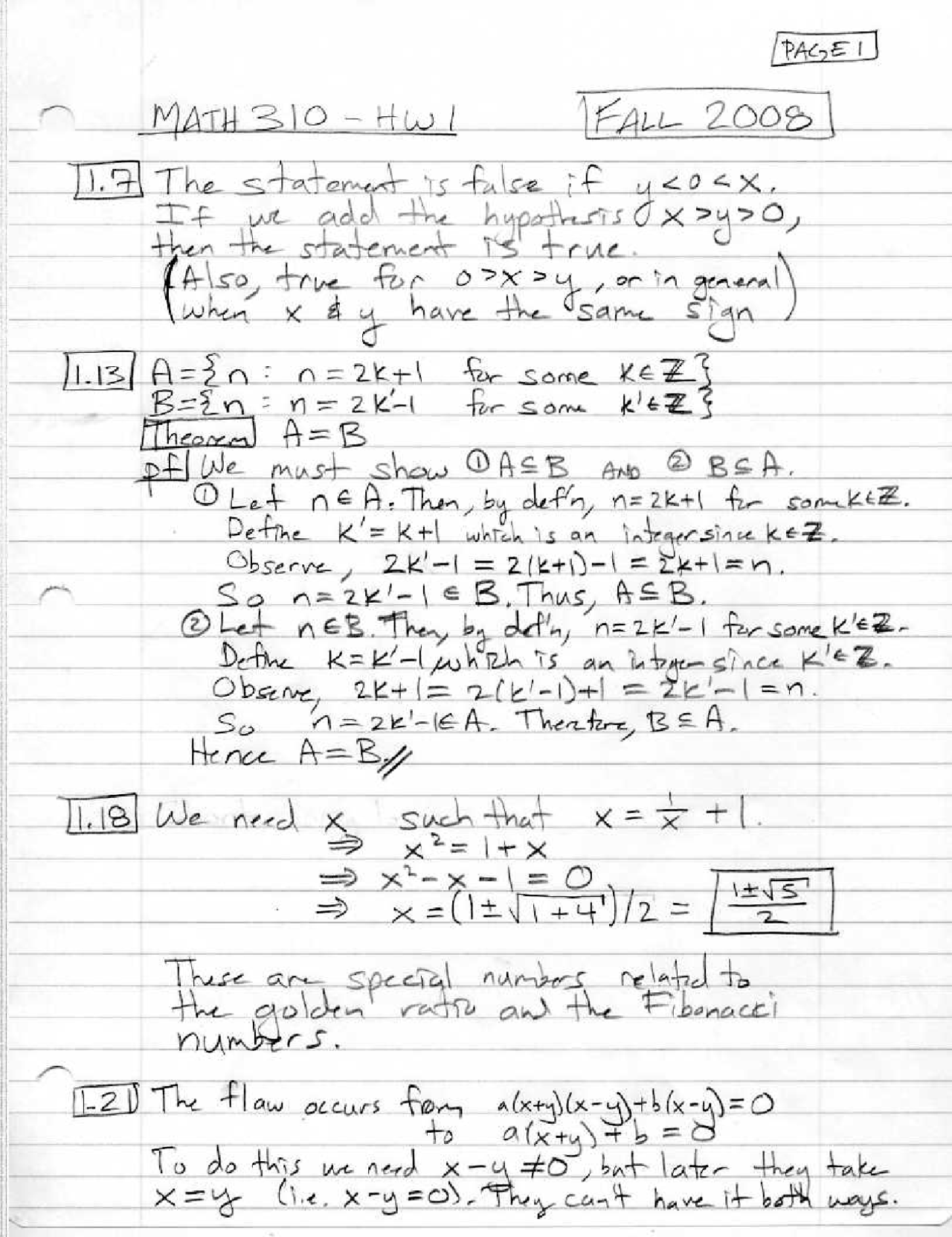 Homework 1 With Solution Mathematical Reasoning Math 310 Docsity