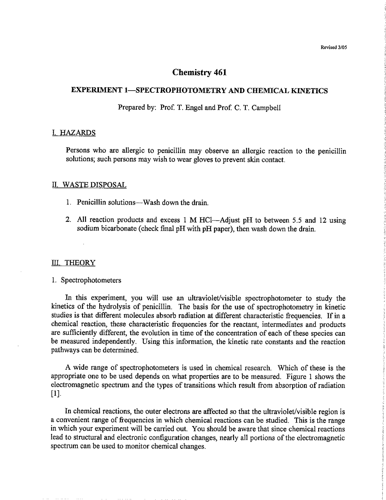 Experiment 1: Spectrophotometry and Chemical Kinetics | CHEM 461 - Docsity
