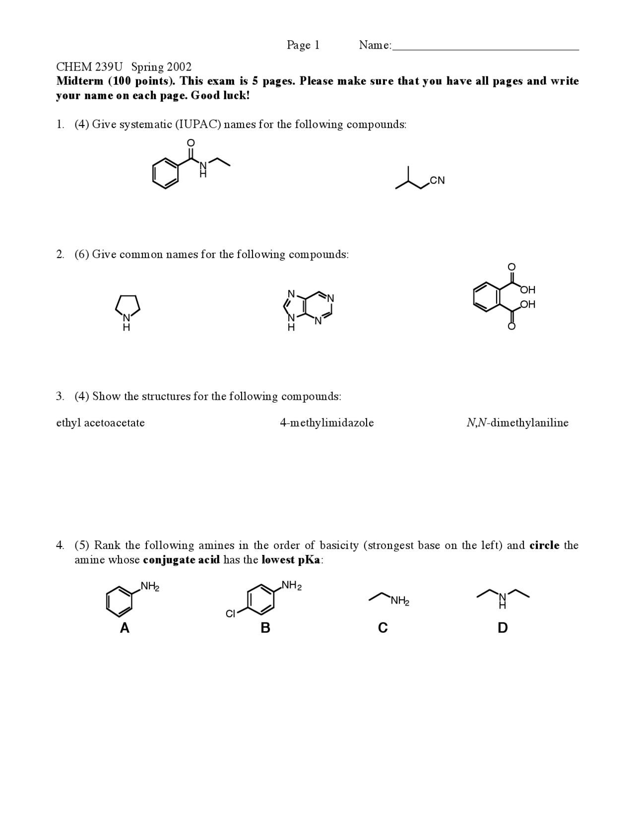 Practice Questions for Midterm Exam - Organic Chemistry | CHEM 239 ...