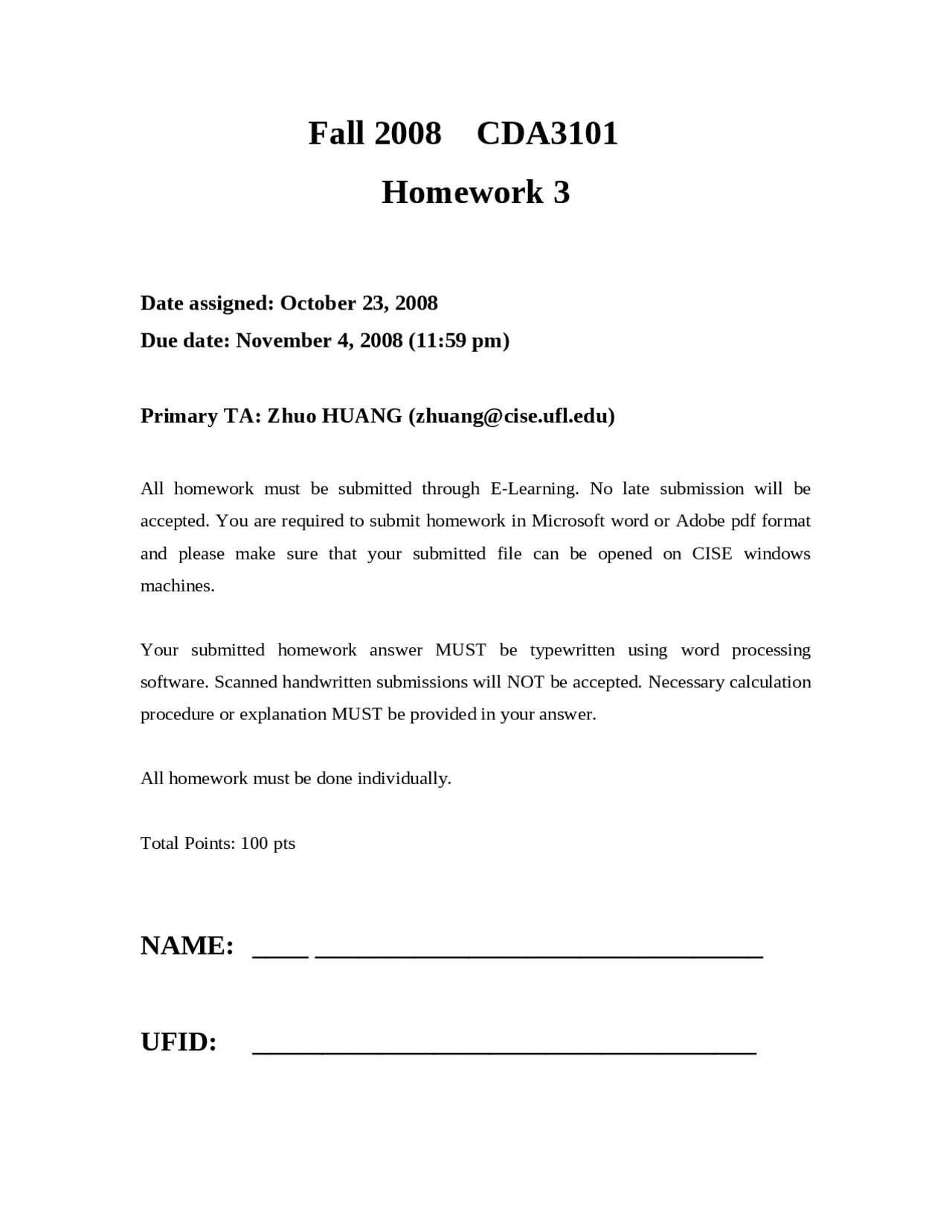 Homework 3 - Introduction to Computer Organization | CDA 3101 - Docsity