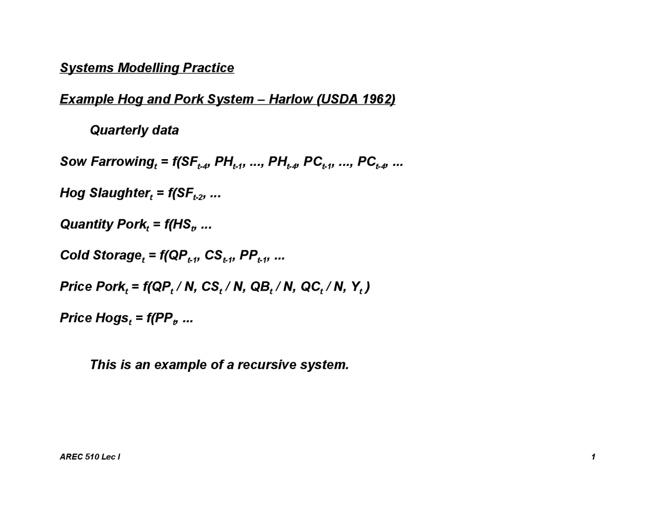Systems Modelling Practice Lecture Notes Arec 510 Docsity
