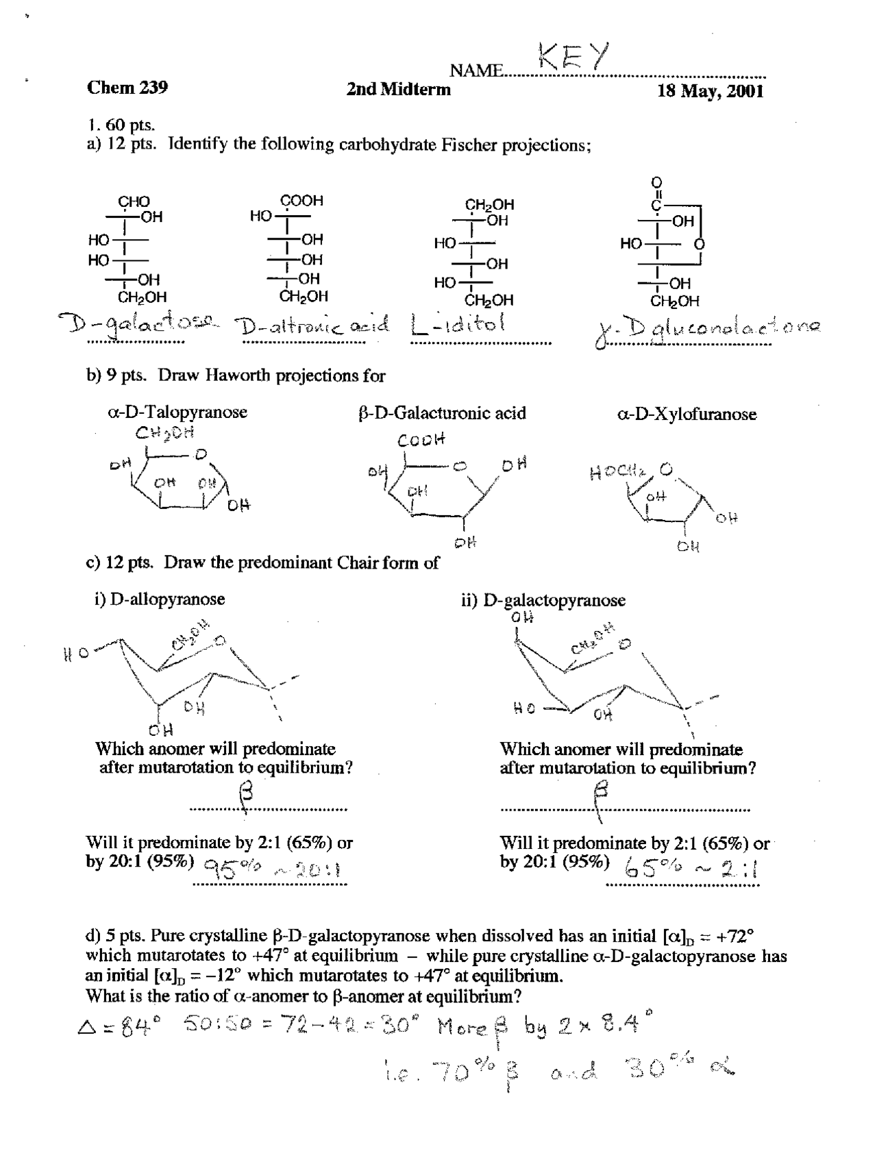 Midterm 2 Solution Key Organic Chemistry 2001 Chem 239 Docsity