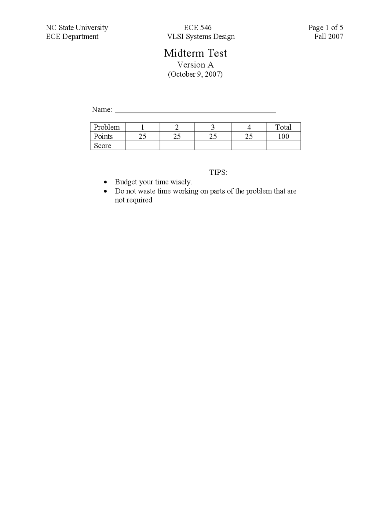 Four Problems For Midterm Test I Vlsi Systems Design Ece 546 Docsity