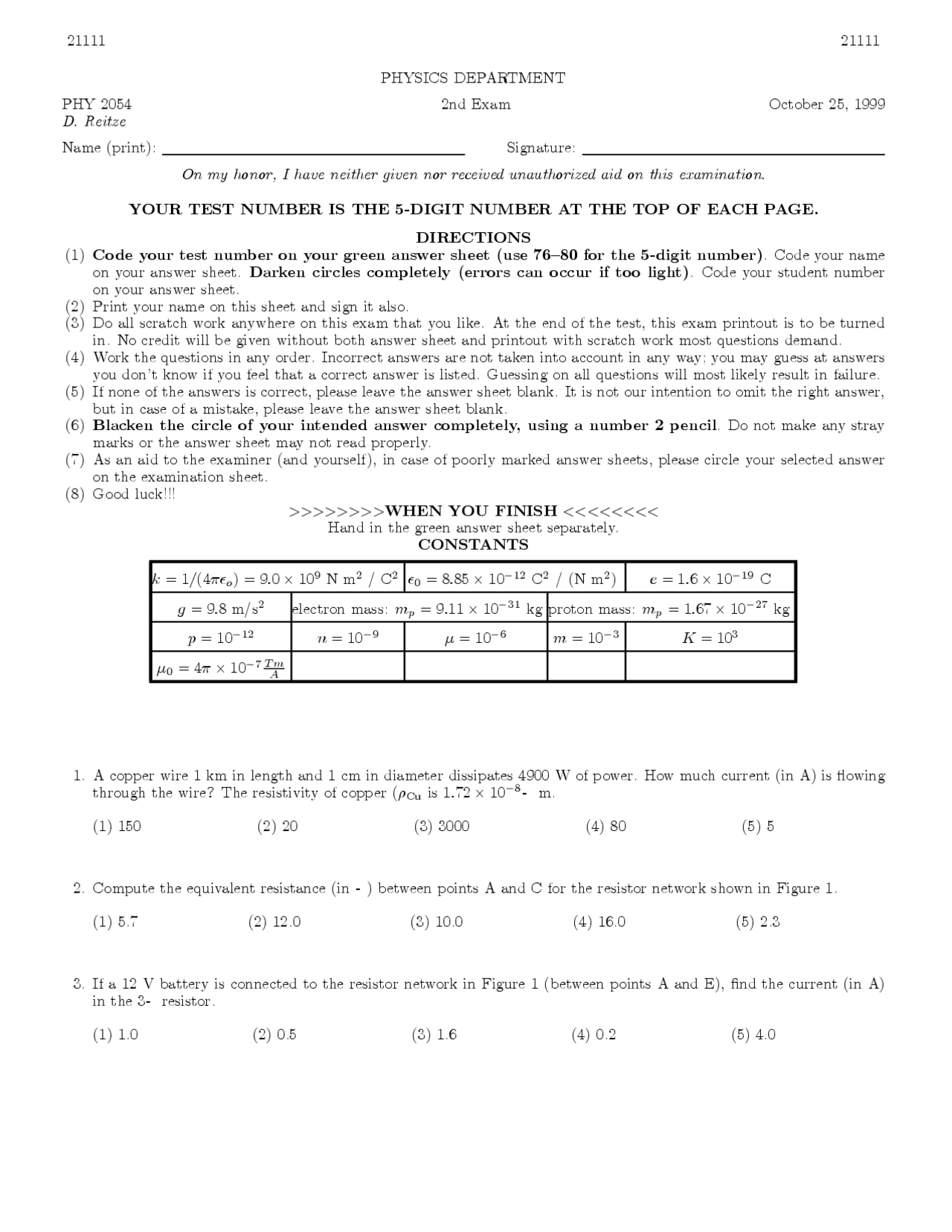 20 Questions On Equivalent Resistance Exam 2 Phy 2054 Docsity