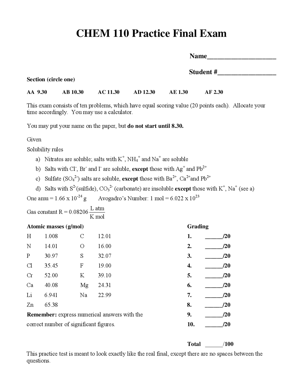 Practice Final Exam Introduction To General Chemistry Chem 110