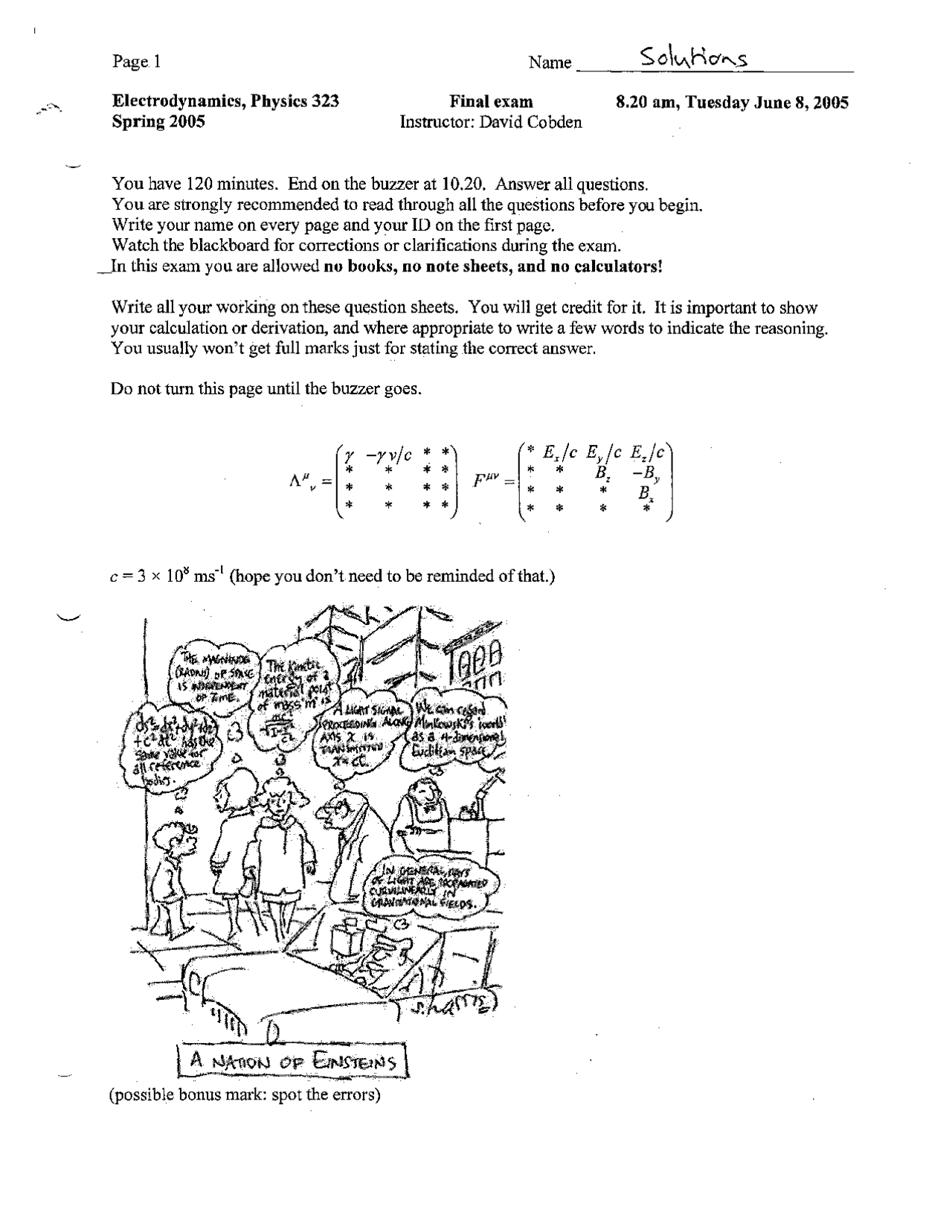 Final Exam Solutions Electromagnetism Phys 323 Exams