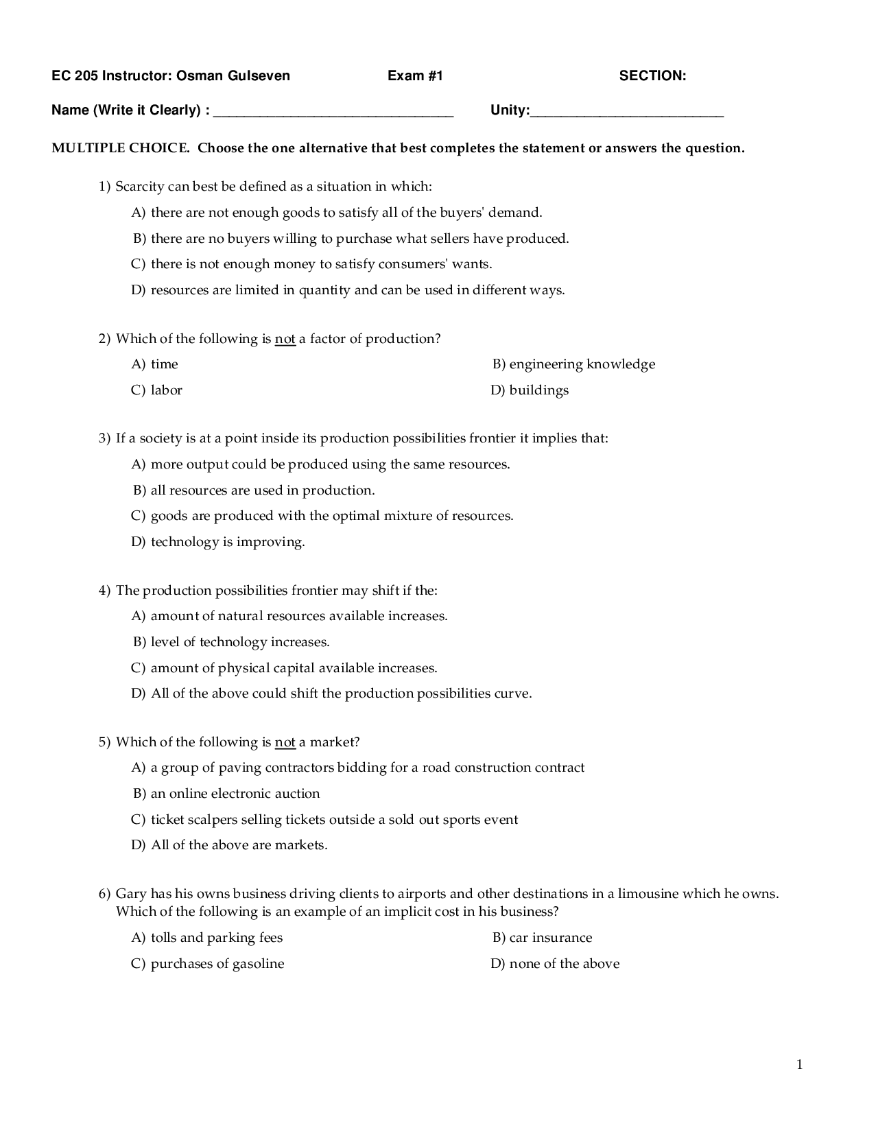 40 Multiple Choice Questions of Exam 1 - Fundamentals of Economics | EC ...