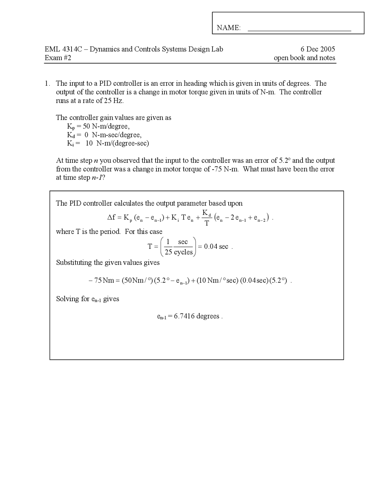 Practice Exam For Dynamics And Control System Laboratory Eml 4314