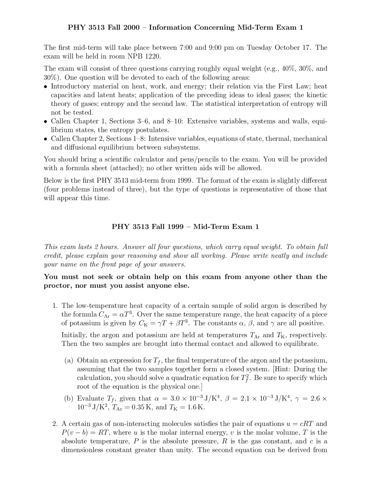 Thermal Physics Midterm Exam Phy 3513 Docsity