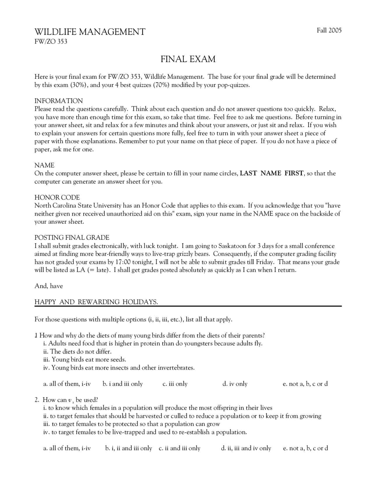 Final Exam - Wildlife Management | ZO 353 | Exams Zoology | Docsity