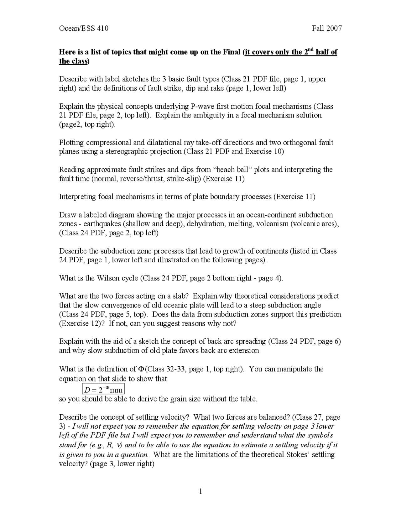 Ocean/ESS 410 Fall 2007 Final Exam Review | Study notes Environmental ...