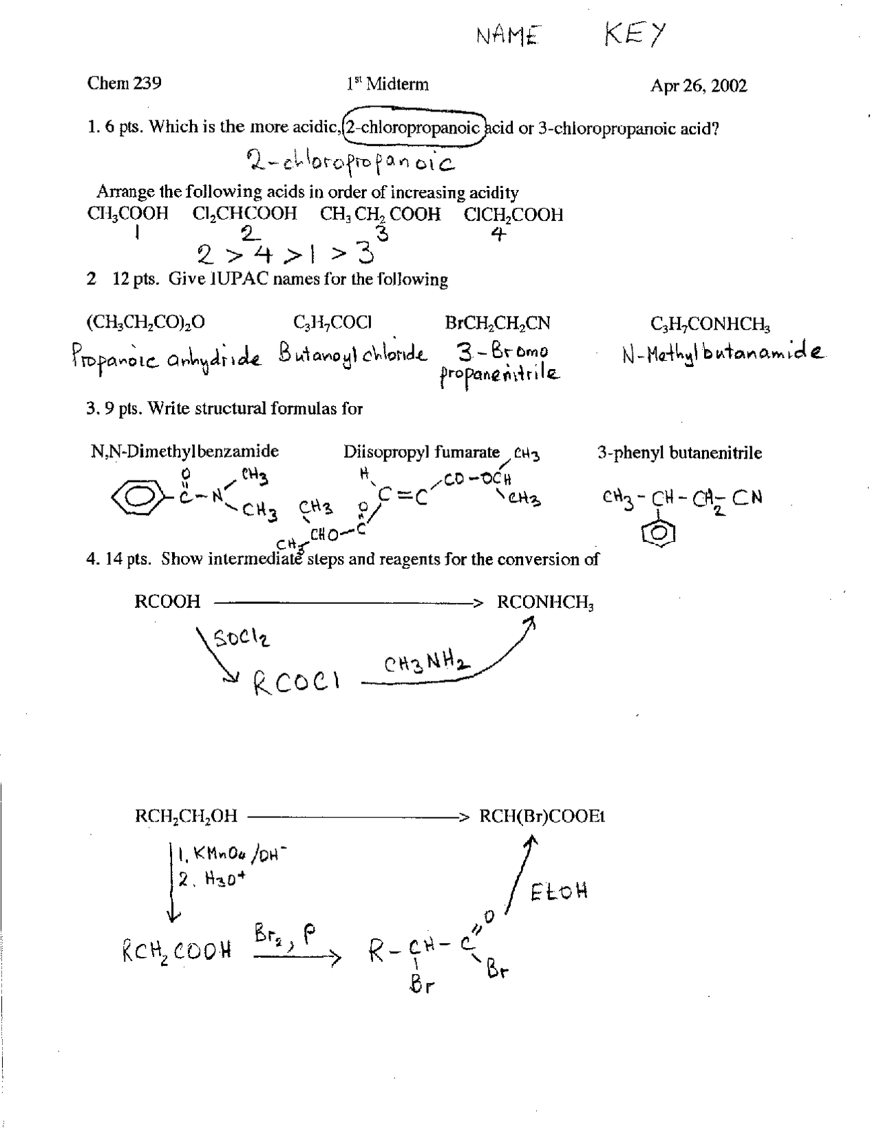 1st Midterm Questions With Answers Organic Chemistry Chem 239 Docsity
