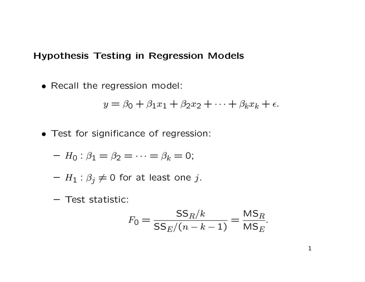 Lecture Slides On Hypothesis Testing In Regression Models St 516 Docsity