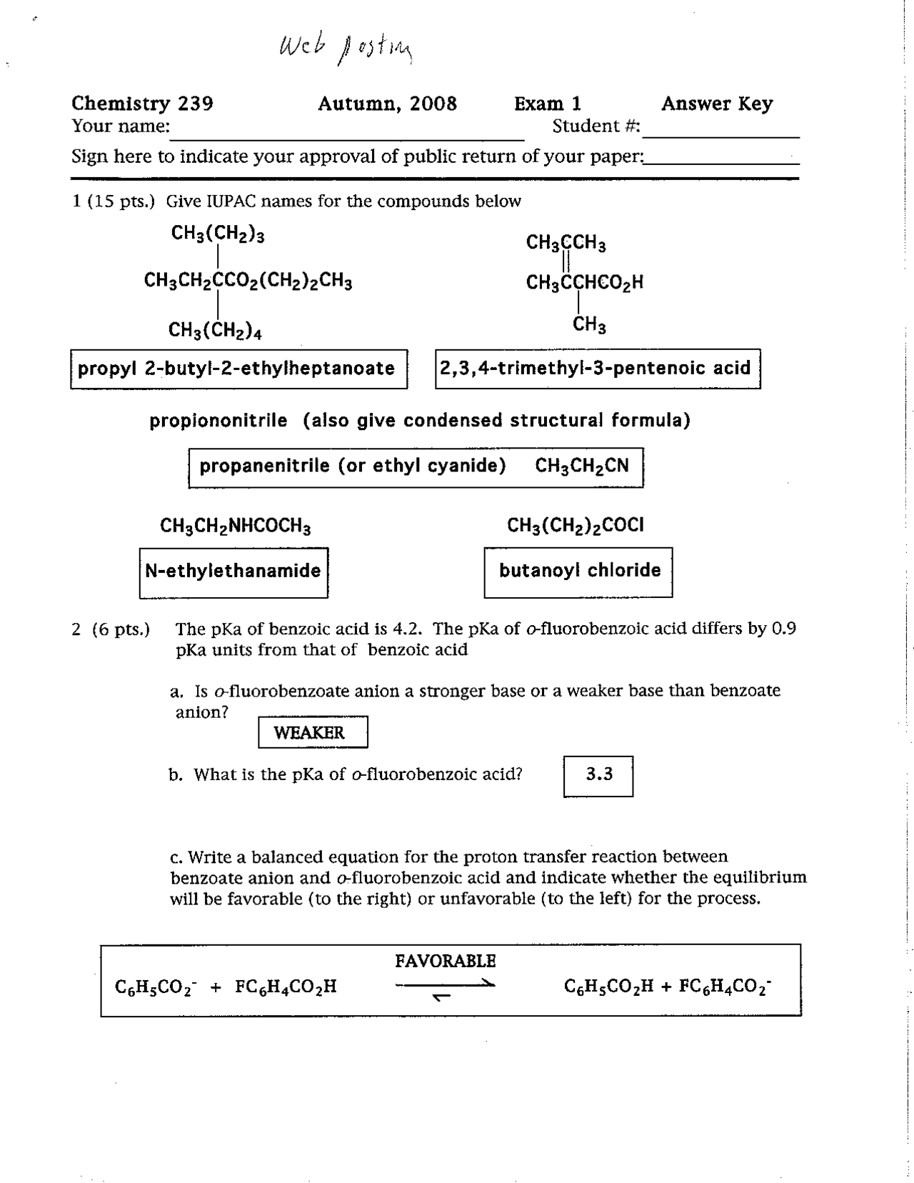 Sample Questions for Exam 1 - Organic Chemistry | CHEM 239 - Docsity