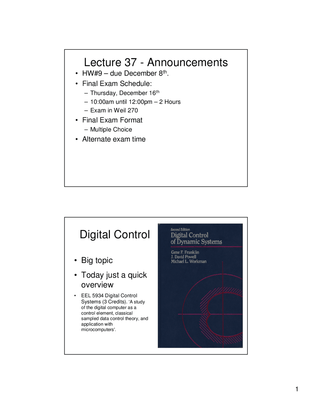 Digital Control Of Dynamic Systems Lecture Slides Eel 5934 Docsity