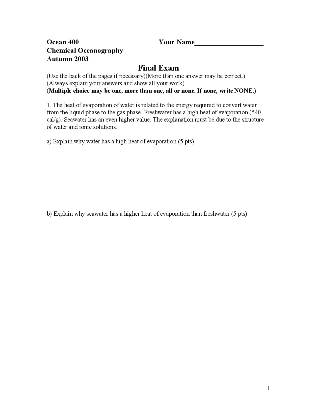 15 Problems On Chemical Oceanography Final Exam Ocean 400 Docsity