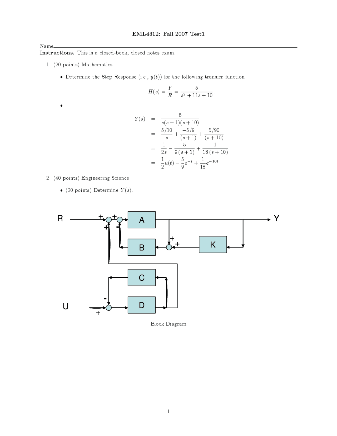 Test 1 with Solution | Control Mechanical Engineering | EML 4312 - Docsity