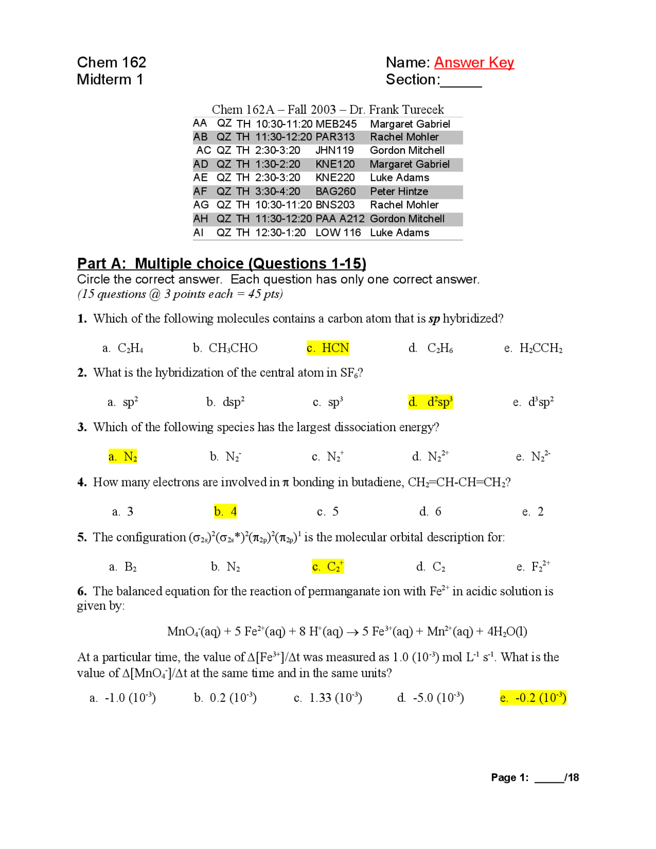 Midterm 1 Answer Key | General Chemistry | CHEM 162 - Docsity