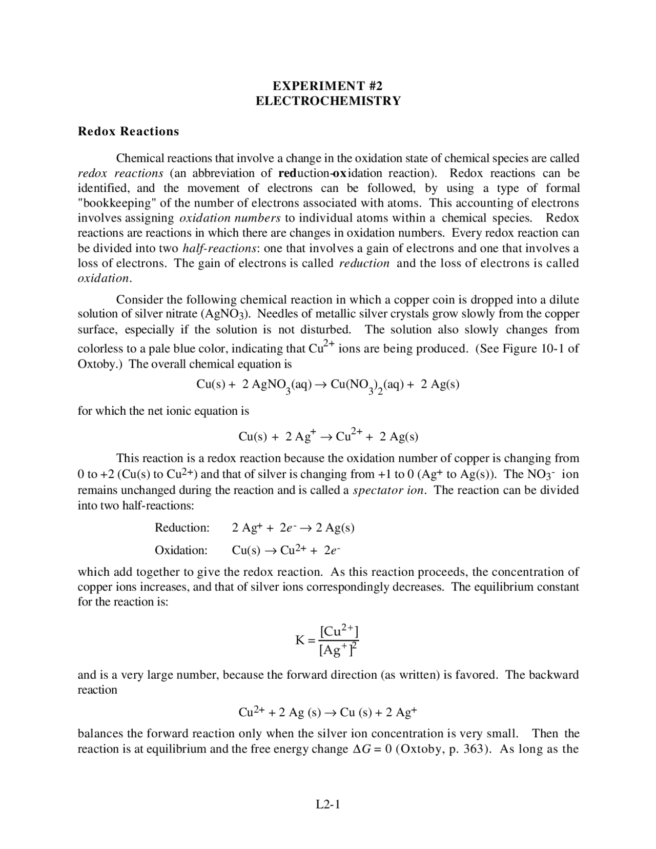 Redox Reactions - Electrochemistry - Experiment 2 | CHEM 155 - Docsity