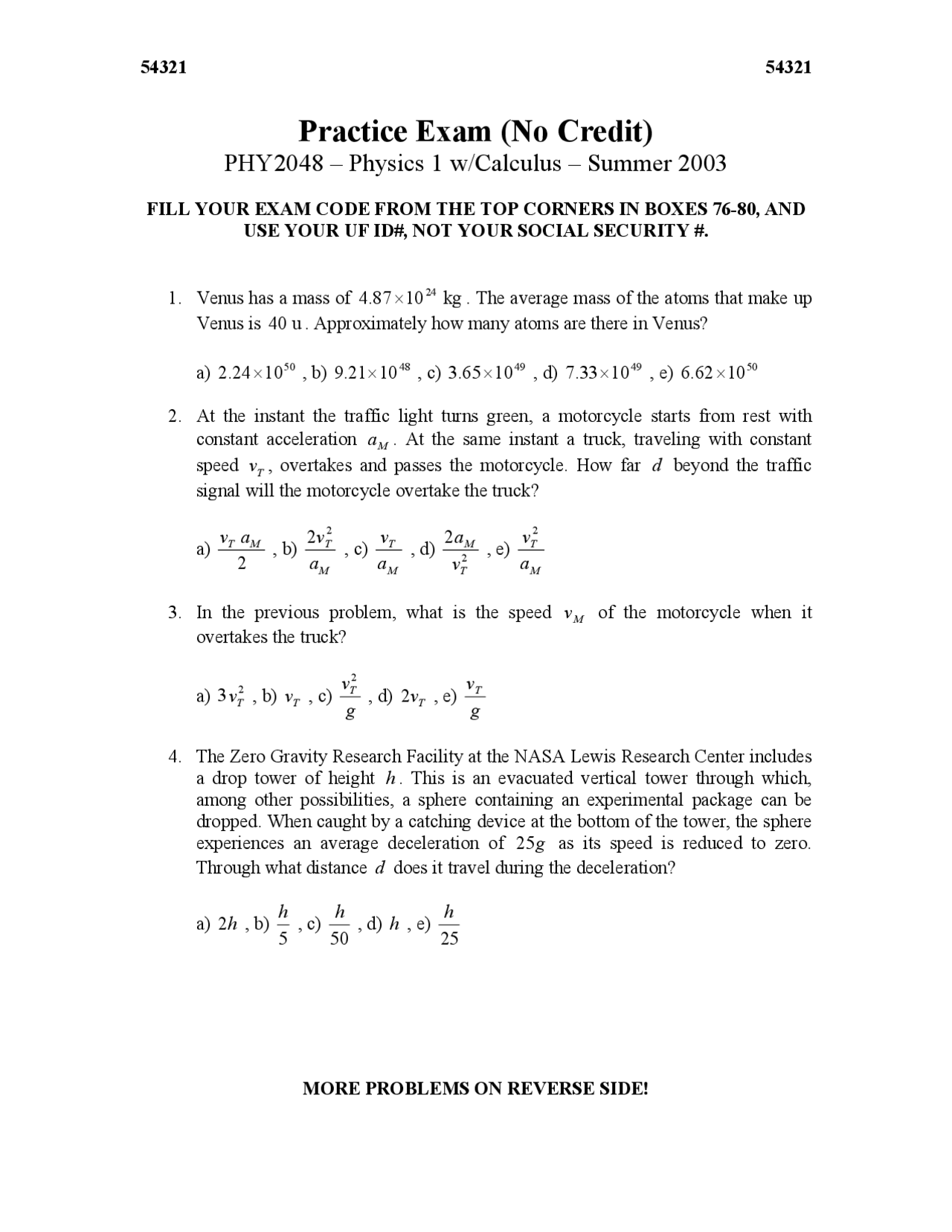 Practice Exam With Questions Physics With Calculus I Summer 2003