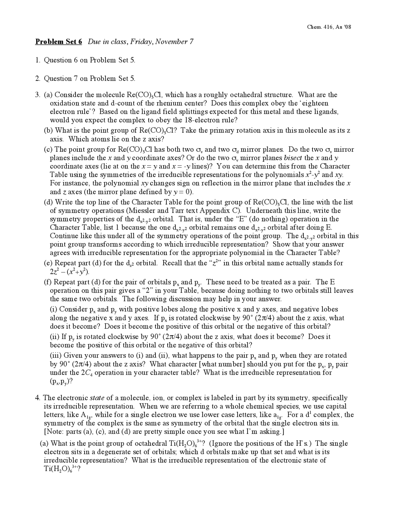 Homework Set 6 Questions Transition Metals Chem 416 Docsity