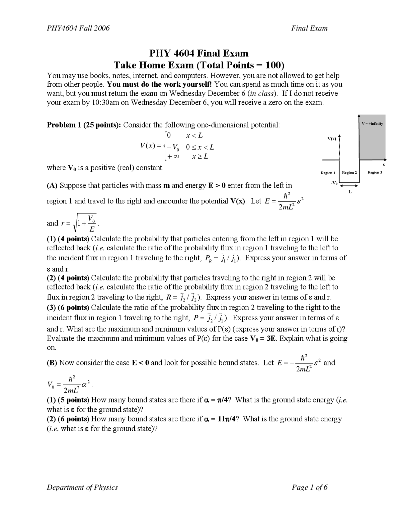 Final Exam for Introduction Quantum Mechanics 1 | PHY 4604 - Docsity
