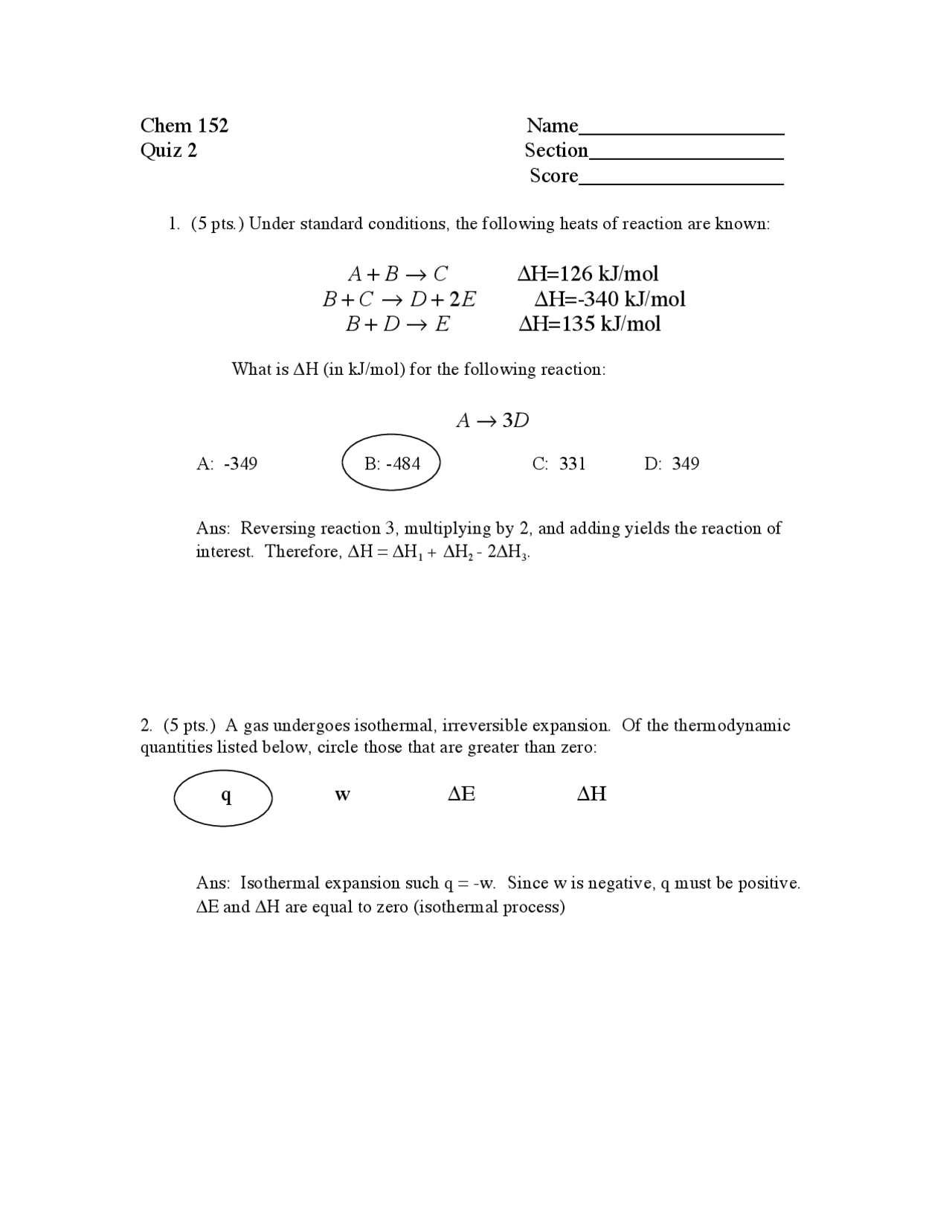 Quiz 2 with Answer Key - General Chemistry | CHEM 152 - Docsity