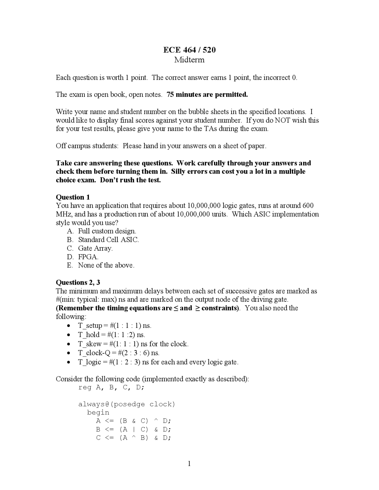Questions For Midterm Exam I Digital Asic Design Ece 464 Docsity
