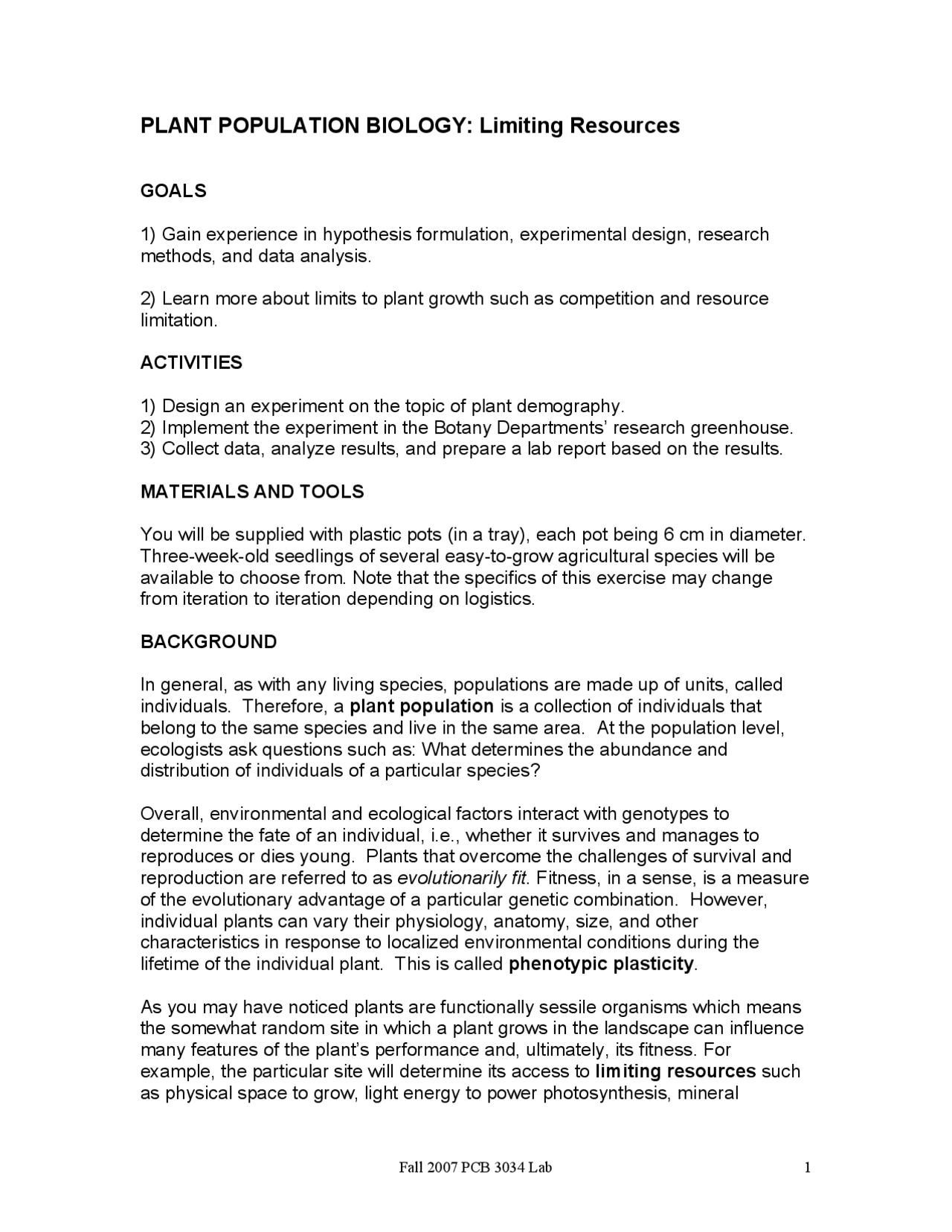 Plant Population Biology: Limiting Resources | PCB 3034 - Docsity