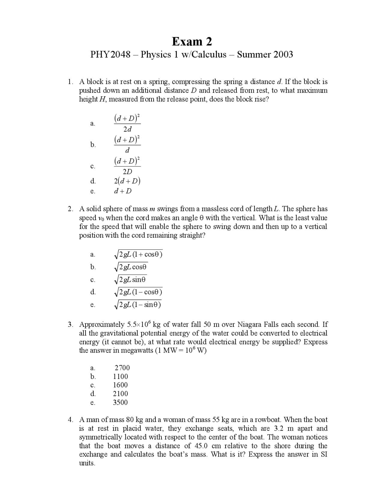Exam 2 Physics With Calculus 1 Summer 2003 Phy 2048 Docsity
