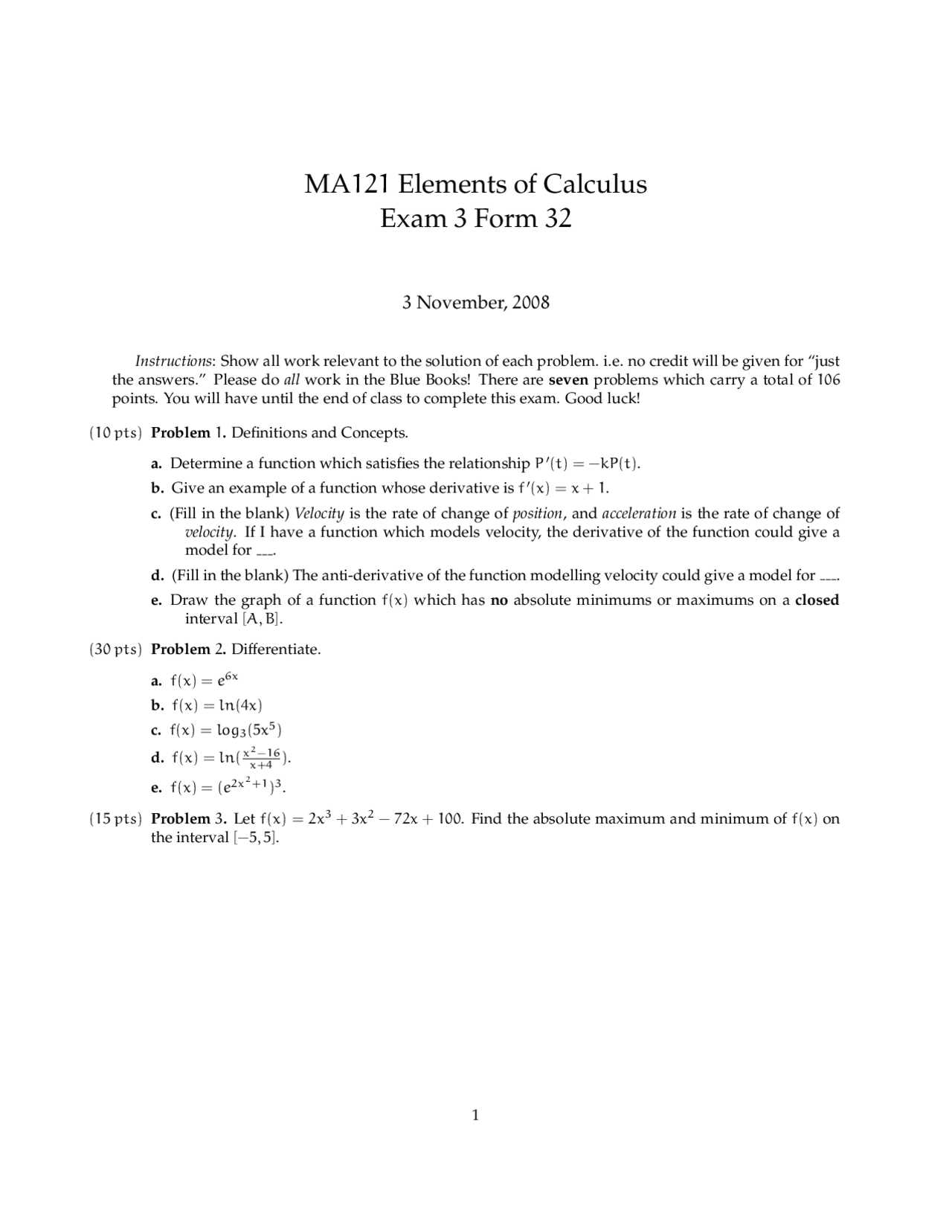 Exam 3 Form 32 Elements Of Calculus Ma 121 Exams Calculus Docsity