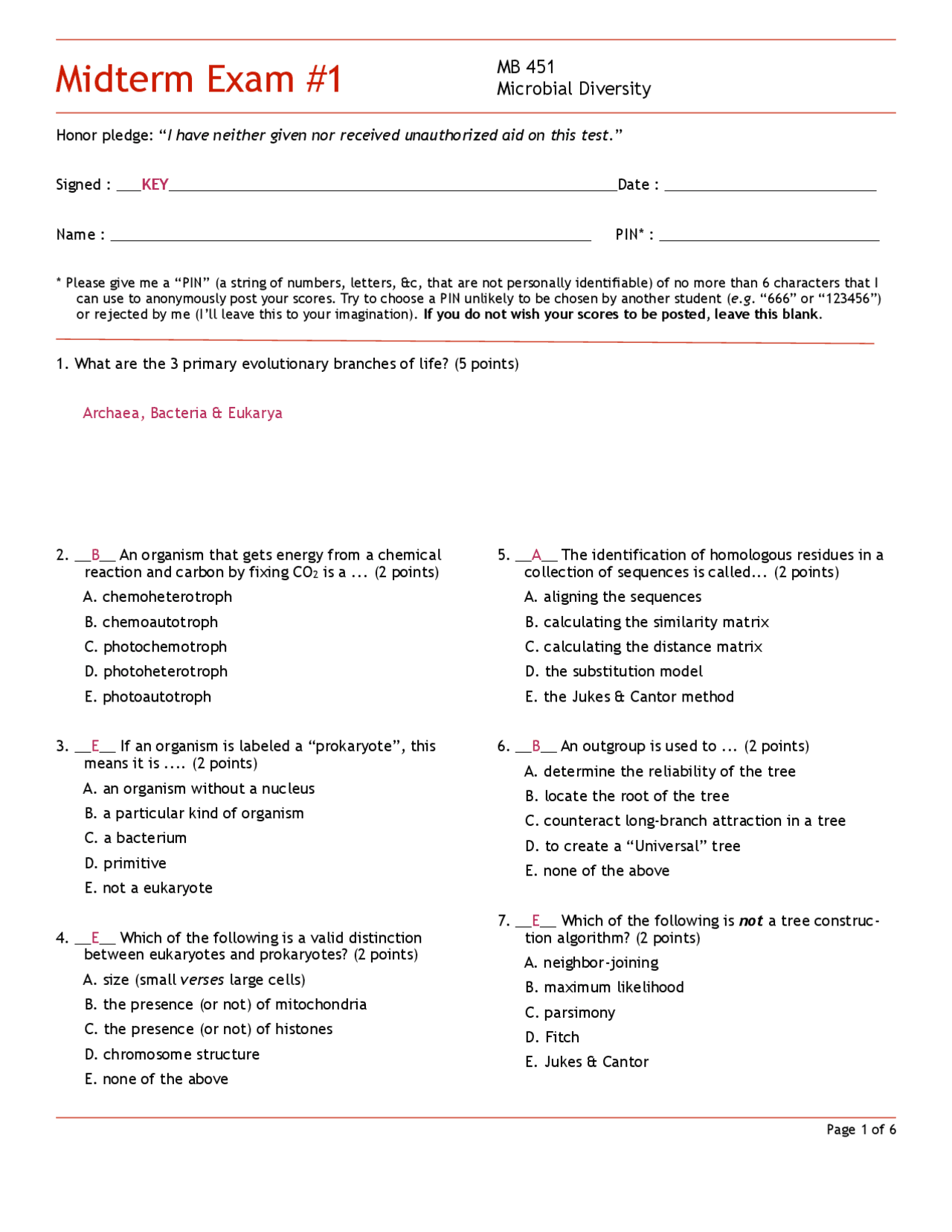 Midterm Exam 1 With Solutions Microbial Diversity Mb 451 Exams