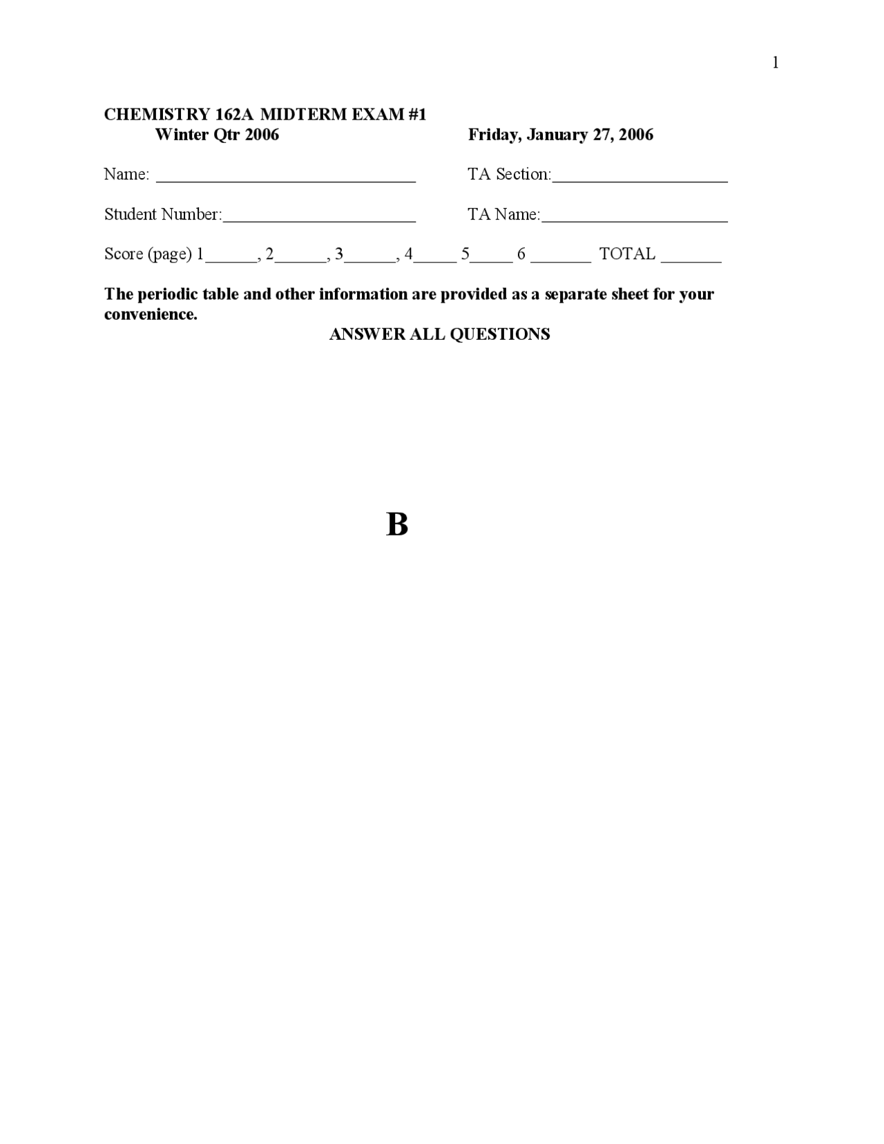 Midterm Exam 1 Questions General Chemistry Chem 162 Docsity
