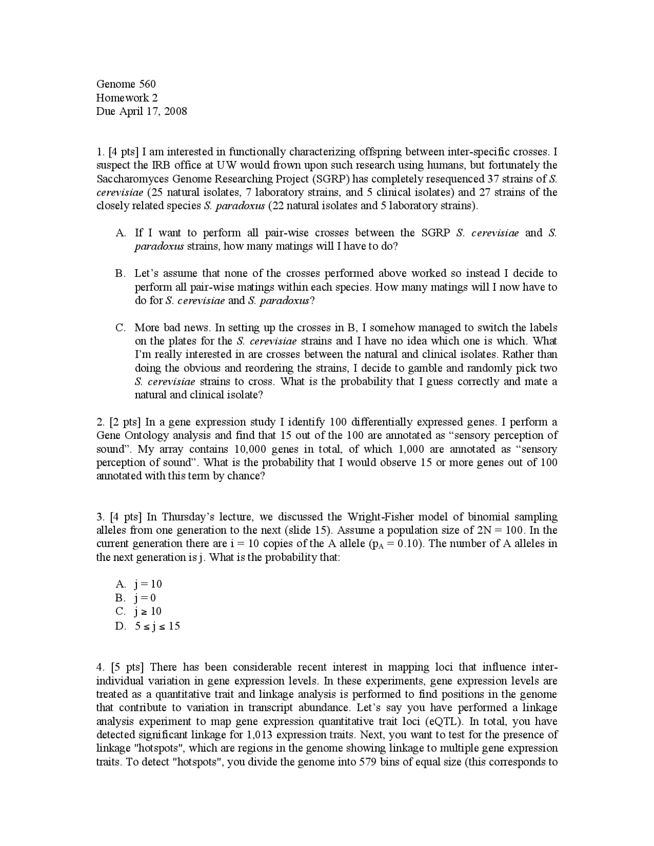 Homework 2 Introduction To Statistical Genomics Genome 560 Docsity