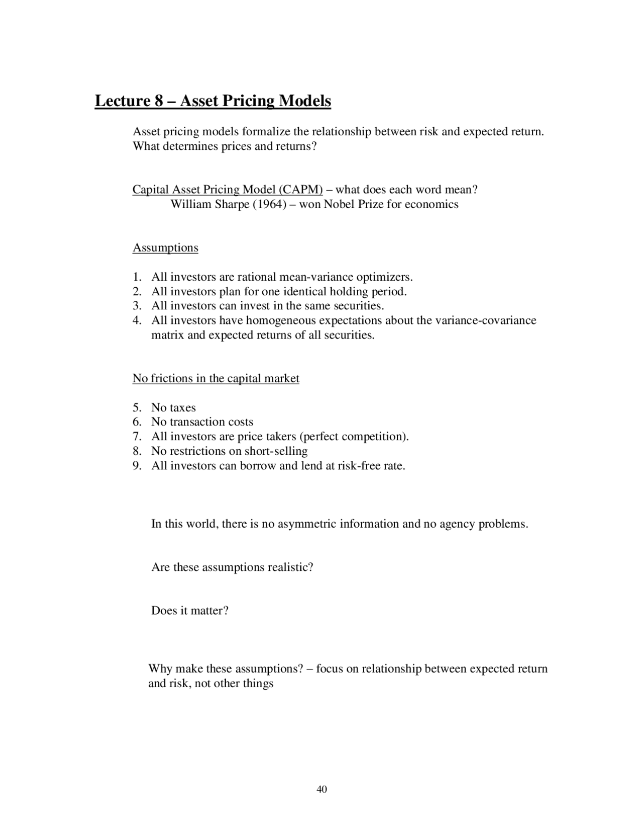 Notes On Asset Pricing Model Equity And Capital Marketing Fin 4504