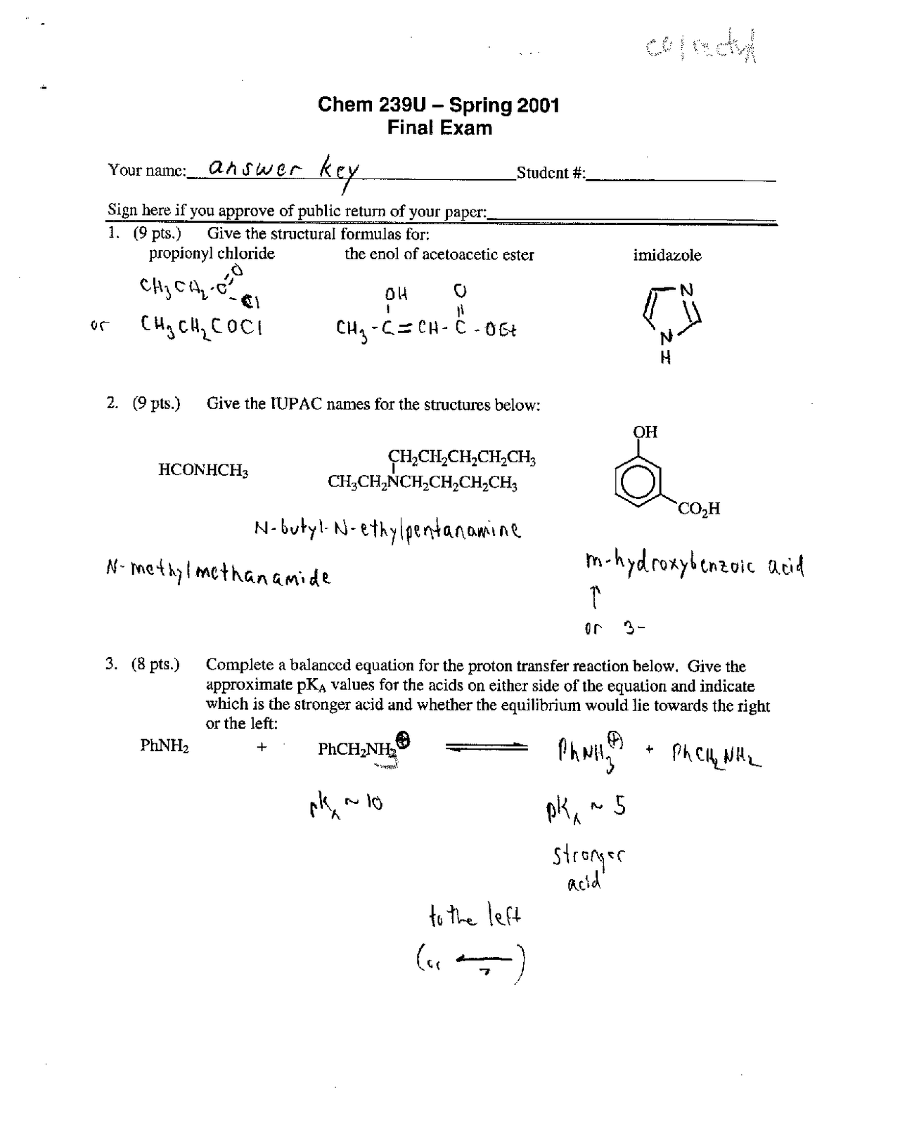 Final Exam Spring 2001 - Organic Chemistry | CHEM 239 | Exams Organic ...